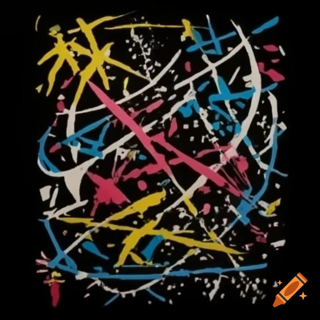 Abstract art in Jackson Pollock style with bright colors on black canvas on Craiyon