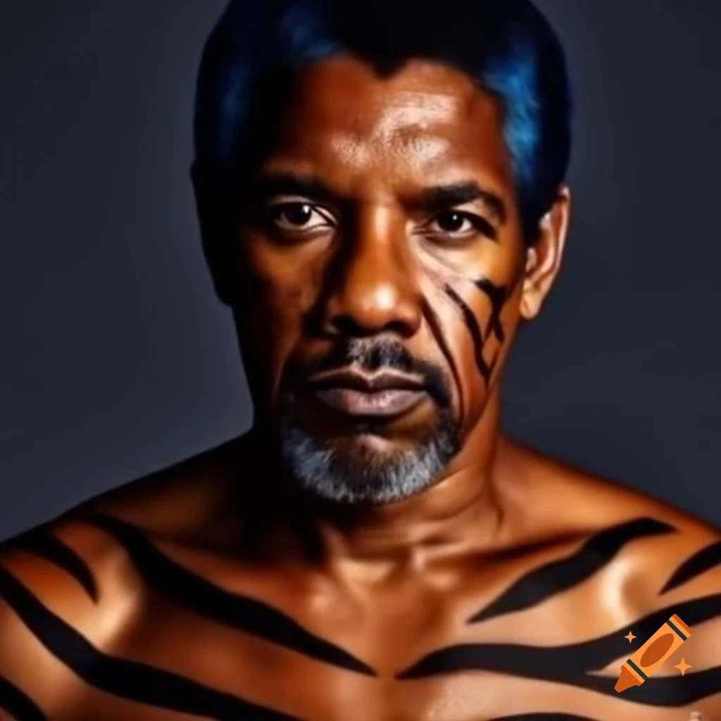 Muscular man with tiger-style makeup featuring blue hair and orange ...