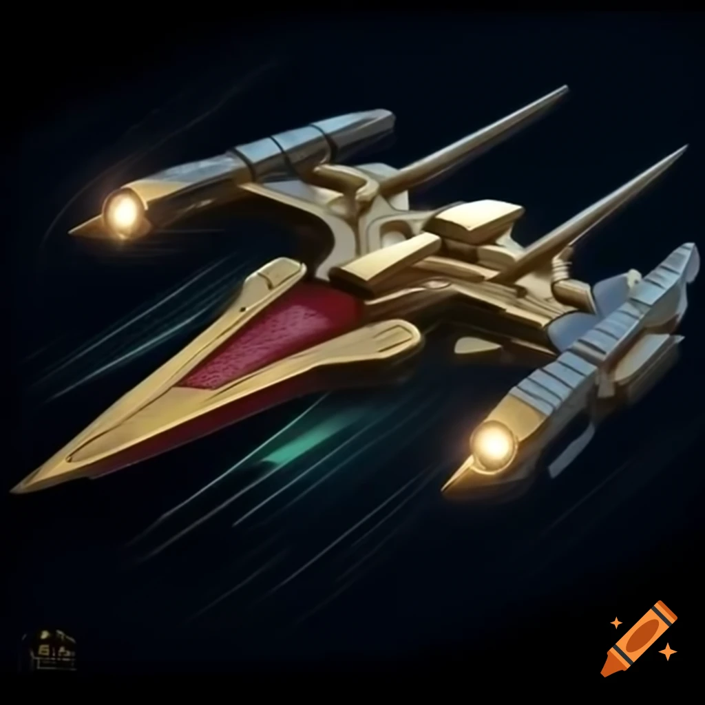 Voxel-style sci-fi spaceship with asymmetrical design and brass-metal ...