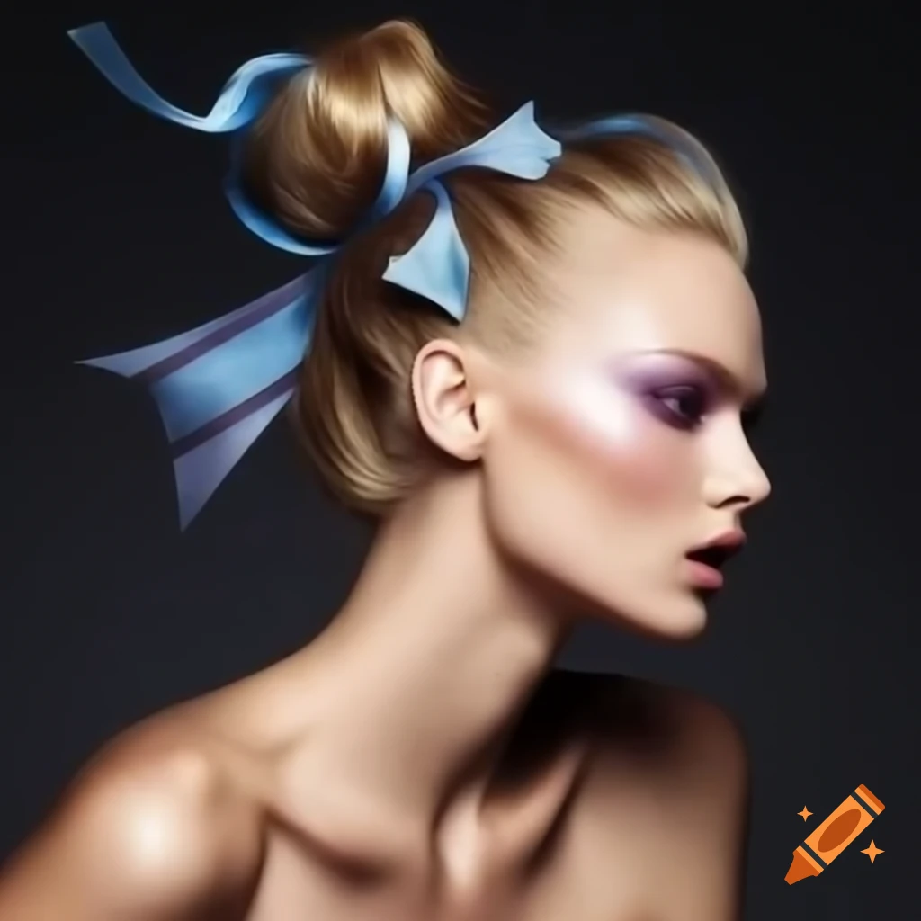 Blonde supermodel with magic hair updo and colorful ribbons on Craiyon