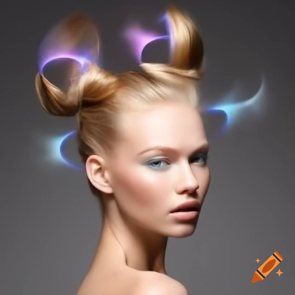 Blonde supermodel with magic hair updo and colorful ribbons on Craiyon