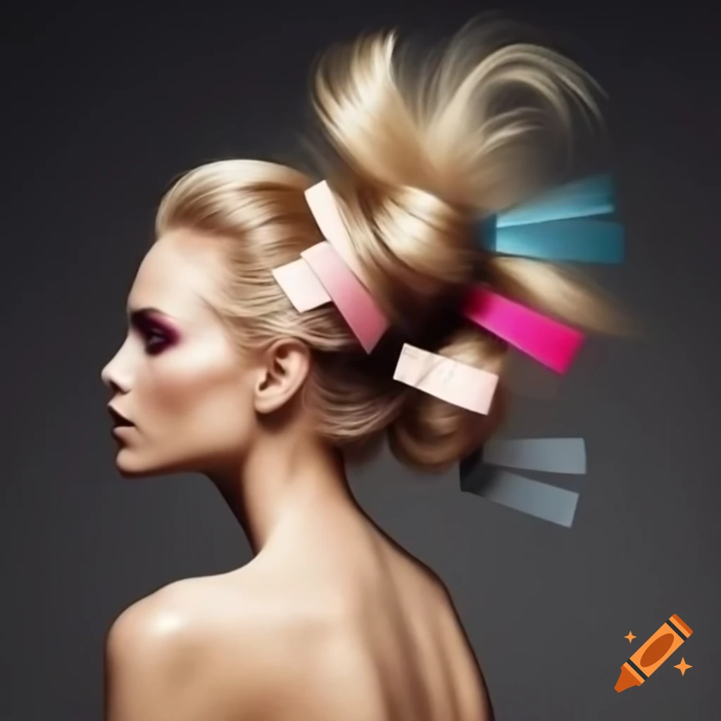 Blonde supermodel with magic hair updo and colorful ribbons on Craiyon
