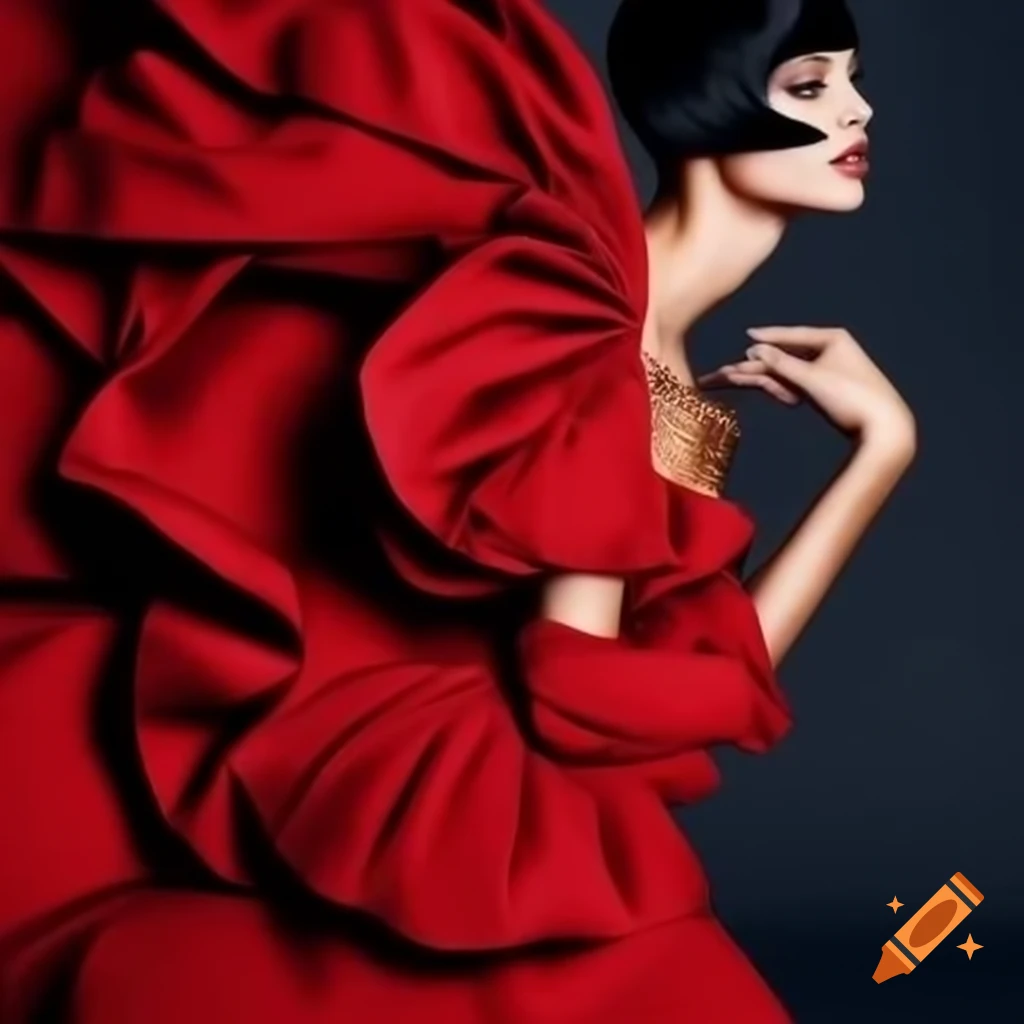 Supermodel wearing elegant red evening dress with high contrast ...