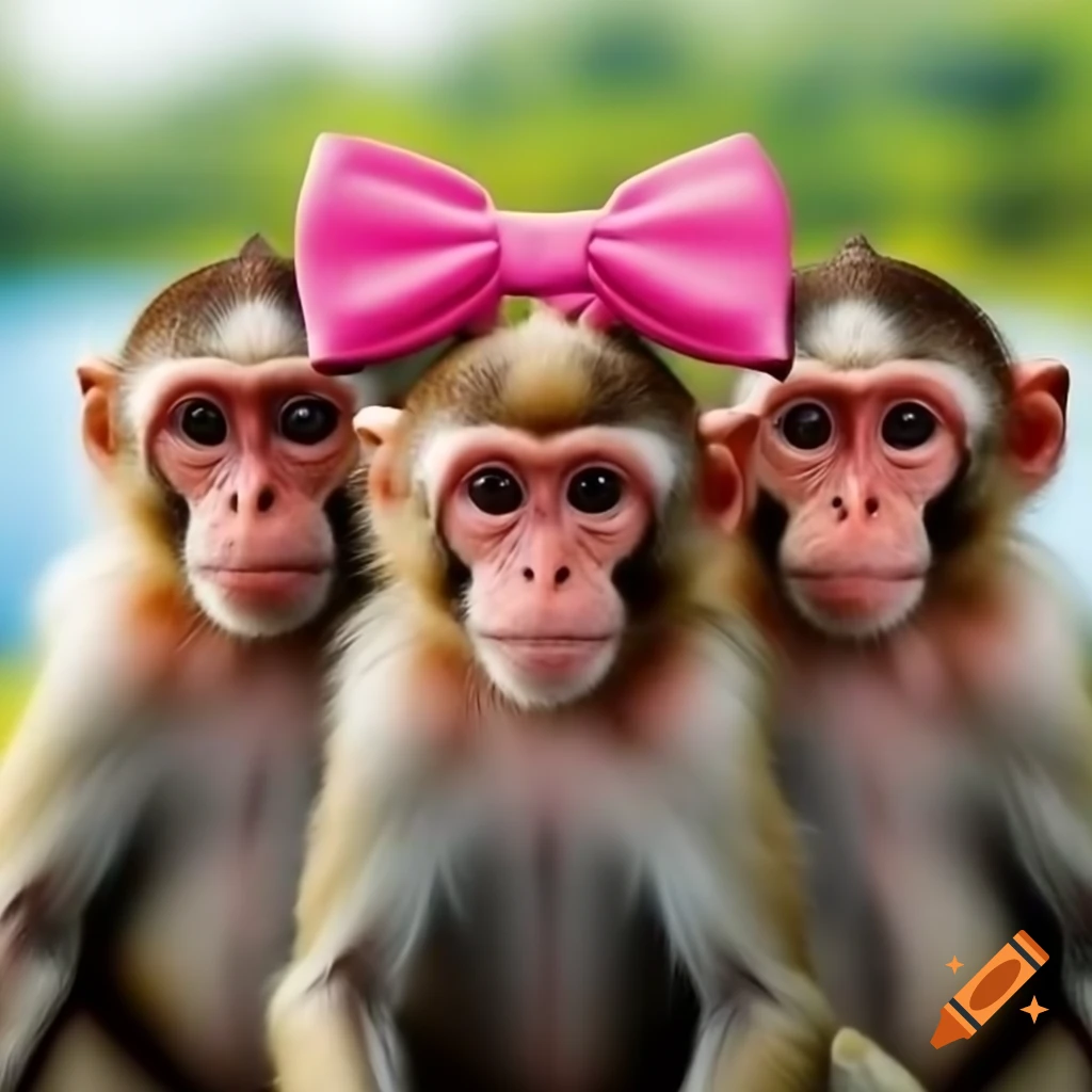 Three playful monkeys with pink bows and false eyelashes by a lagoon on Craiyon