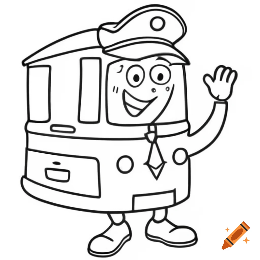 Black and white line art of cartoon bus driver waving for kids coloring ...