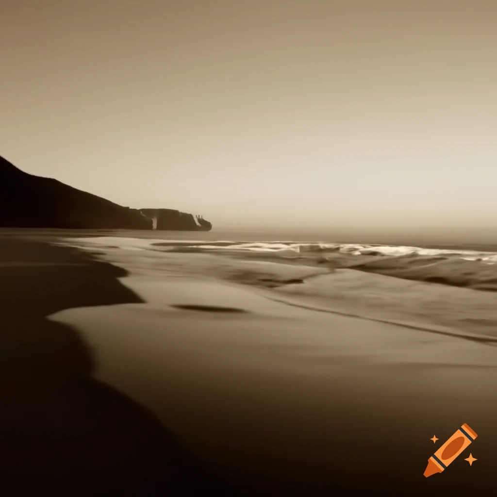 Scenic beach sunset photograph in grainy sepia tone on Craiyon