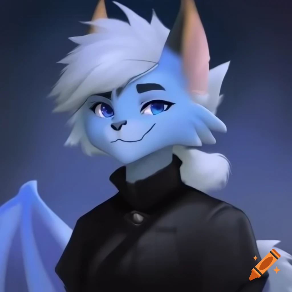 Anthro light blue dragon with wings and black collar in black clothing ...