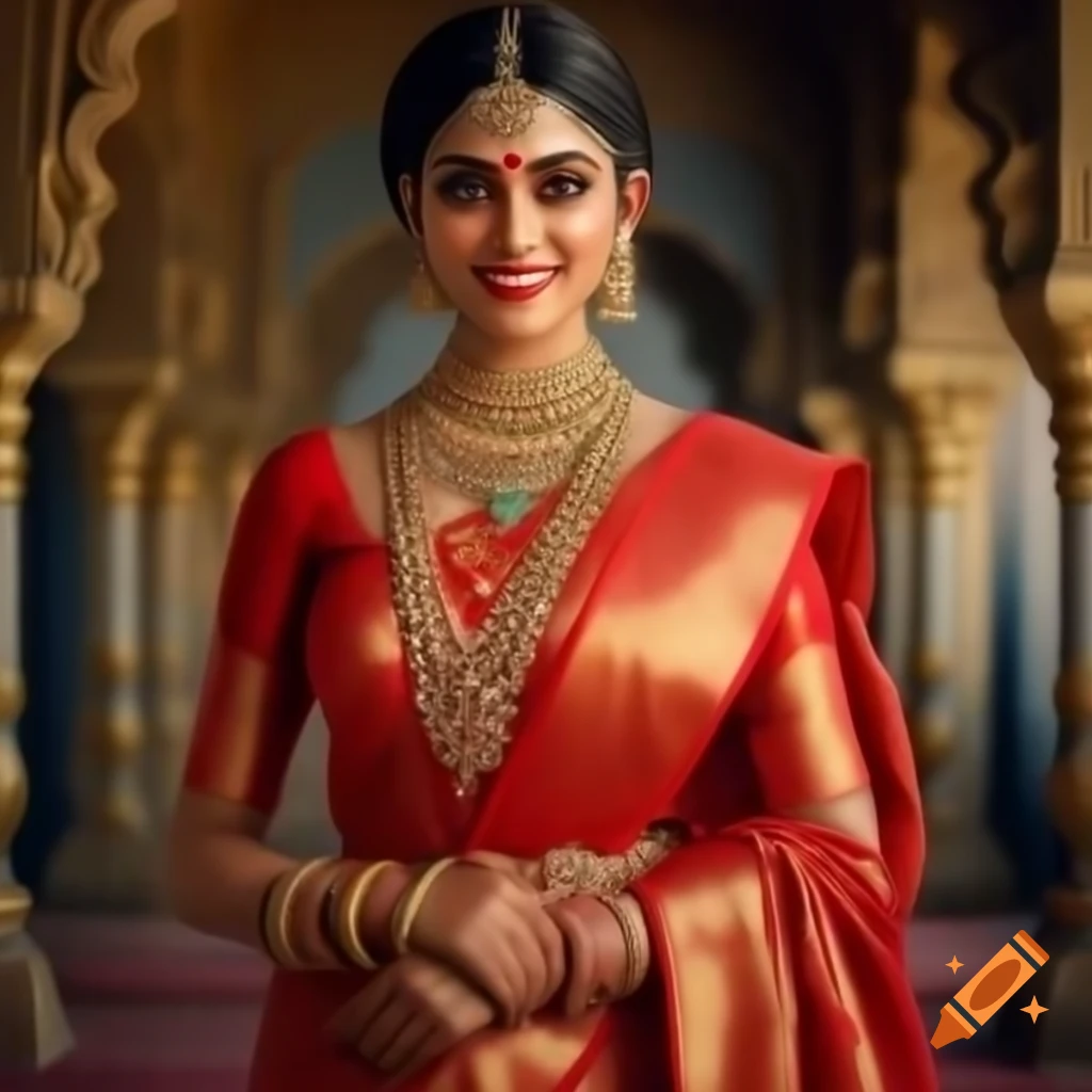Indian queen in red and gold saree with royal jewelry beside king in ...
