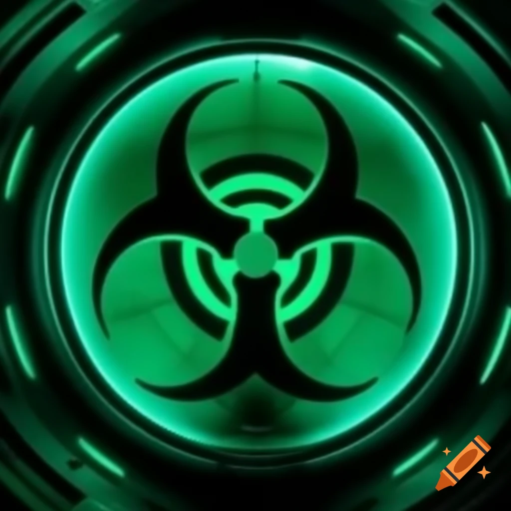 Biohazard symbol in bio-tank illuminated by dark green lights on Craiyon
