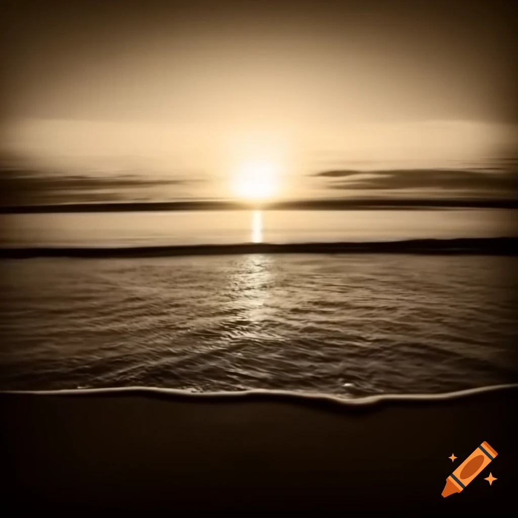 Scenic beach sunset photograph in grainy sepia tone on Craiyon