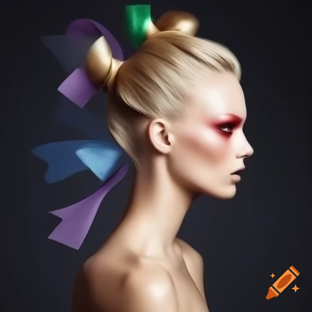 Blonde supermodel with magical hair updo and colorful ribbons on Craiyon