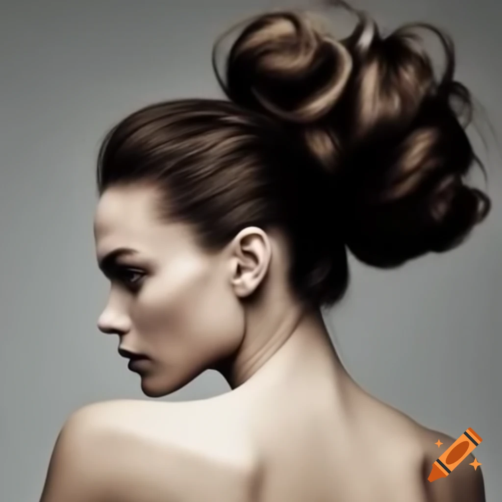Supermodel with large hair updo looking to the side from the back on ...