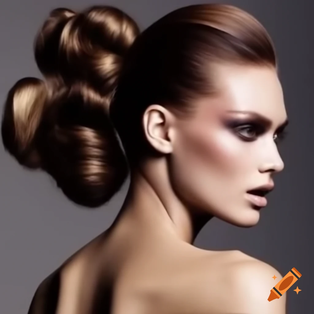 Supermodel with elaborate hair updo looking to the side, colorful on ...