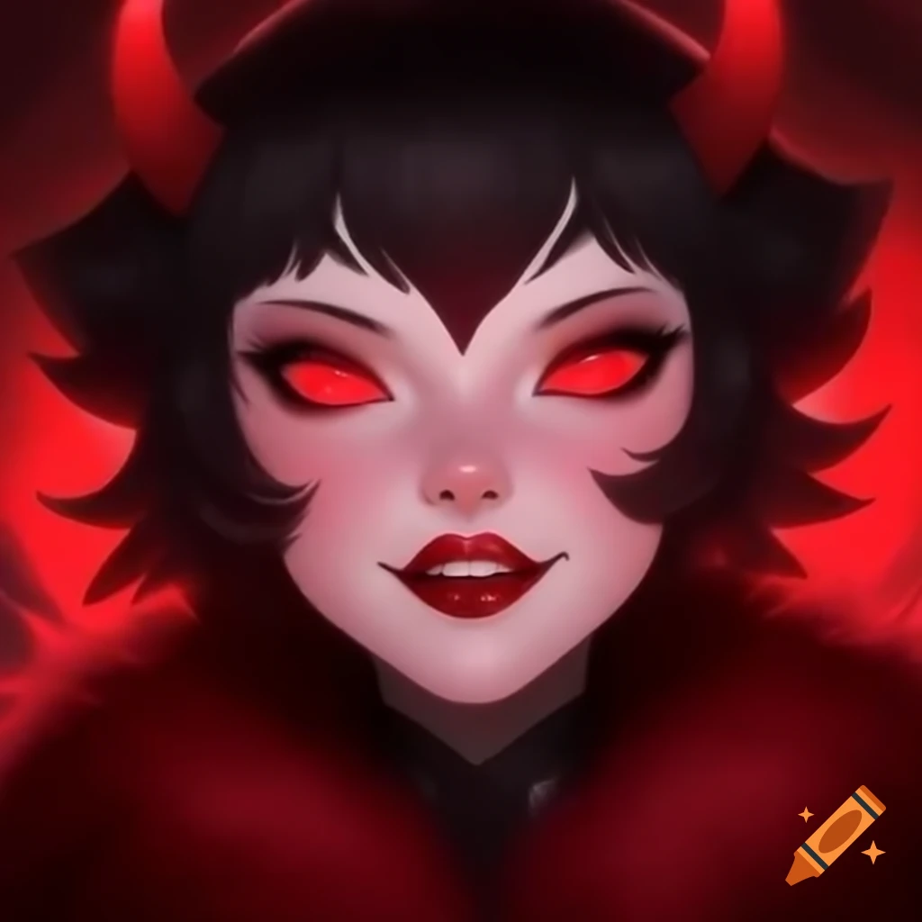 Woman with red hair and eyes in red coat with black fur collar, smiling ...