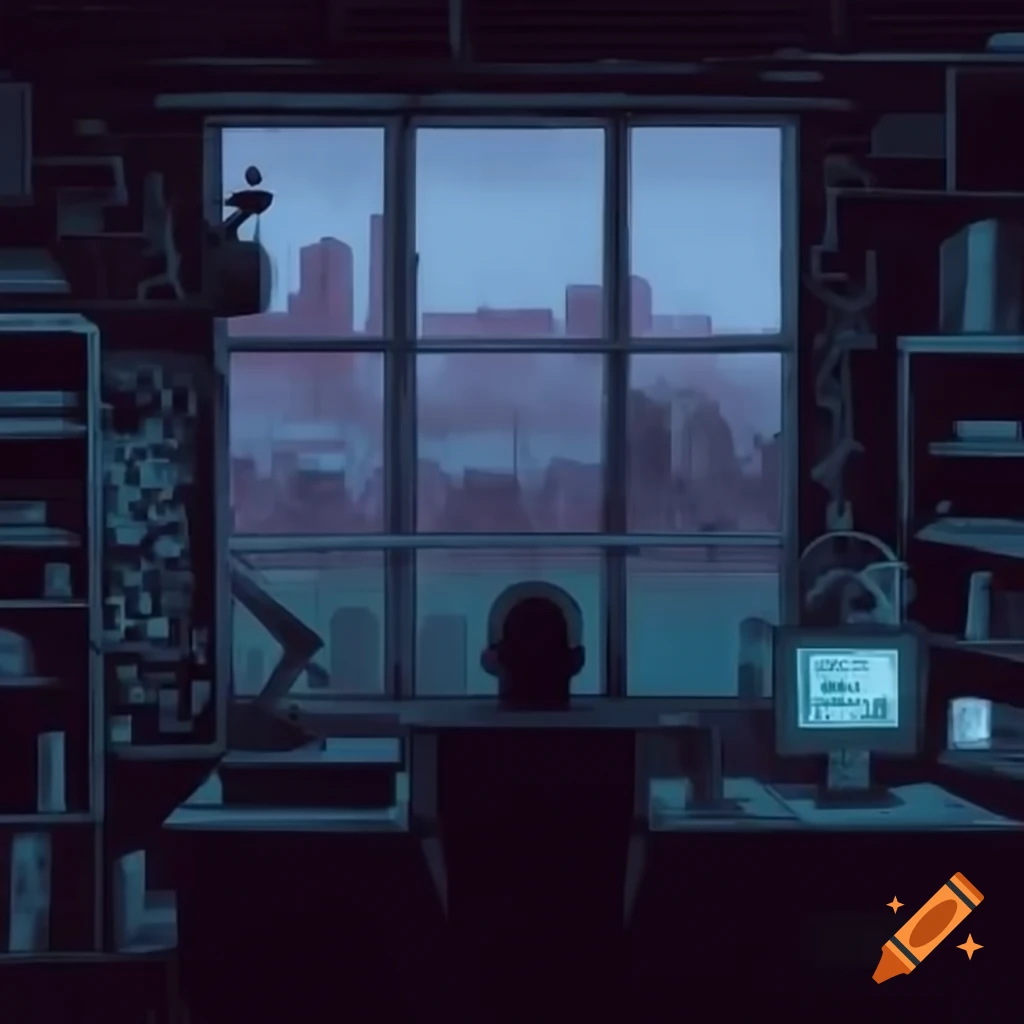 Disorderly desk room with old computer and apocalyptic city view across ...