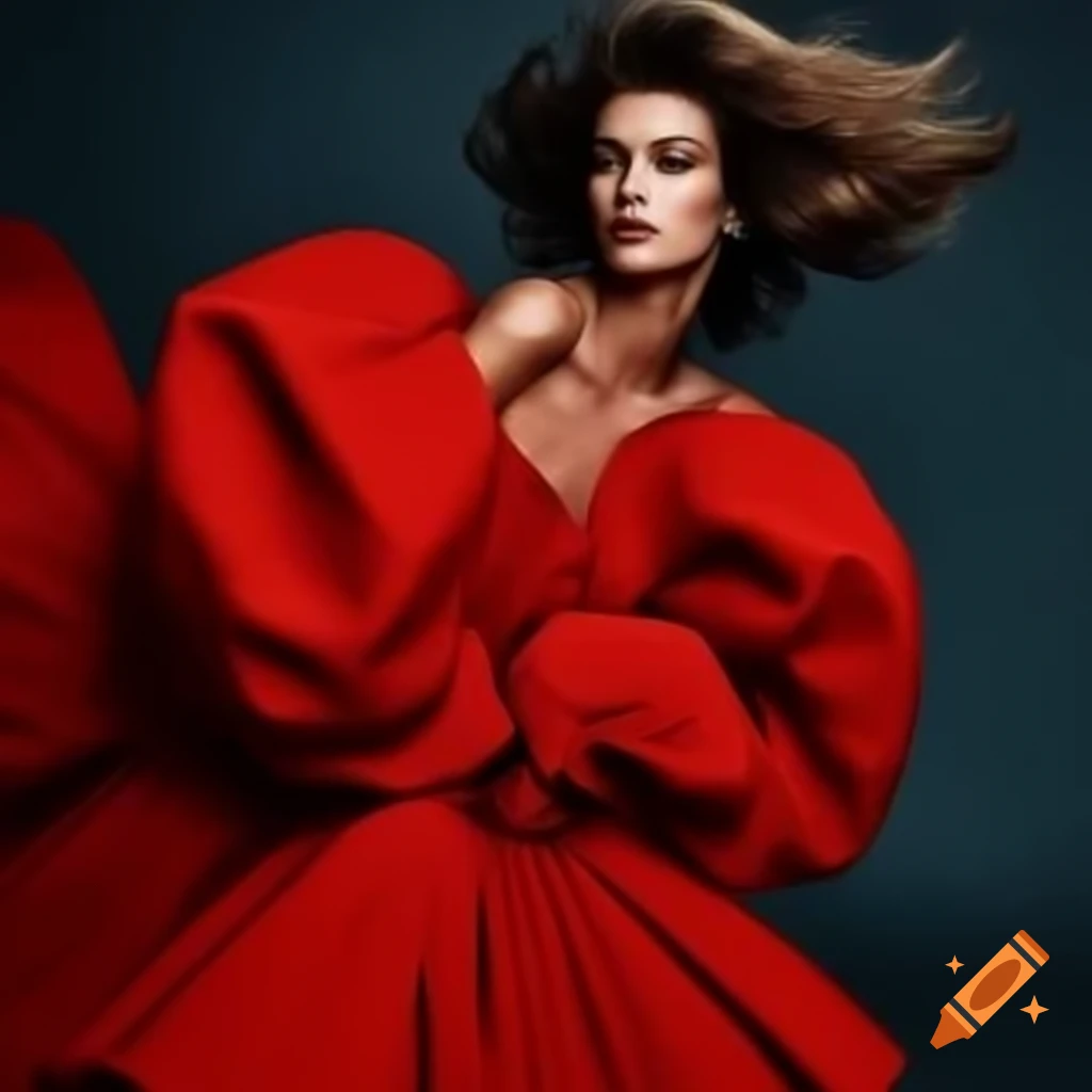 Supermodel wearing elegant red evening dress with high contrast ...