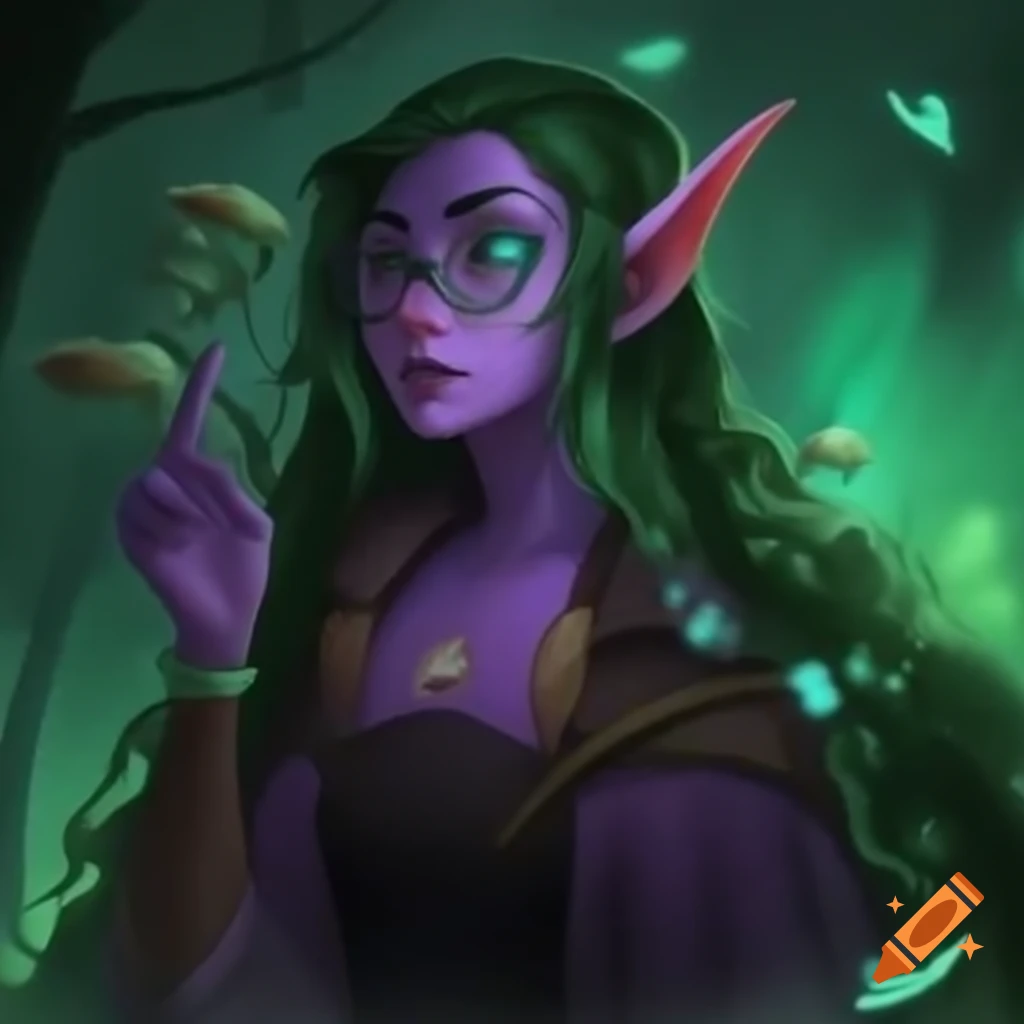 Ethereal female Spring Eladrin elf with purple glowing eyes and green ...