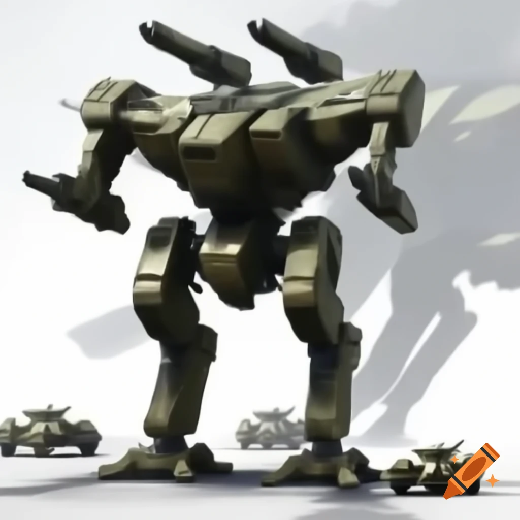 Heavily armored battle mech with angular design and weapon pods on Craiyon