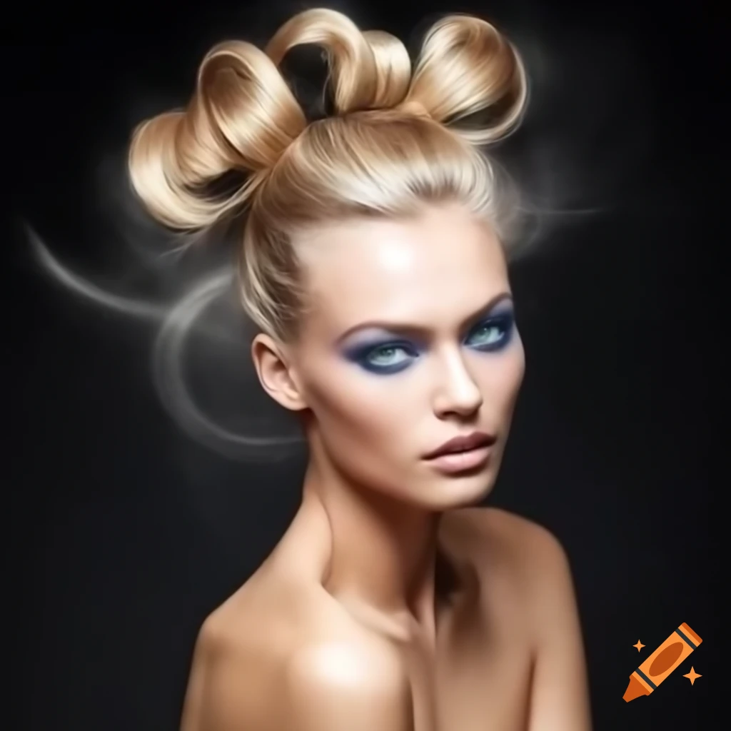 Blonde supermodel with magic hair updo and colorful ribbons and bows on ...