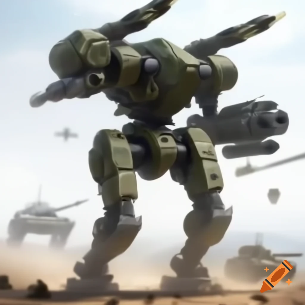 Heavily armored battle mech with angular design featuring weapon pods ...