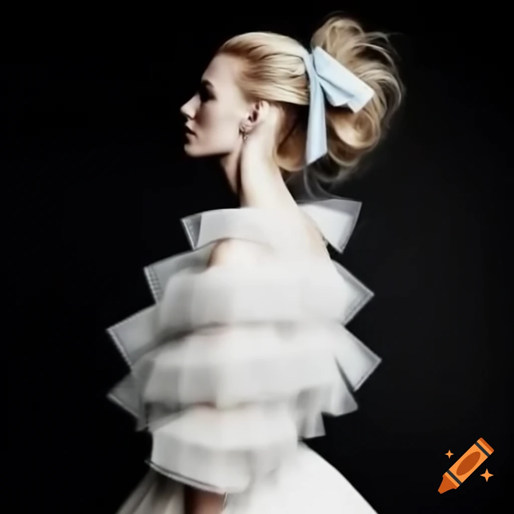 Supermodel in beautiful long dress with magical hair updo and ribbons ...