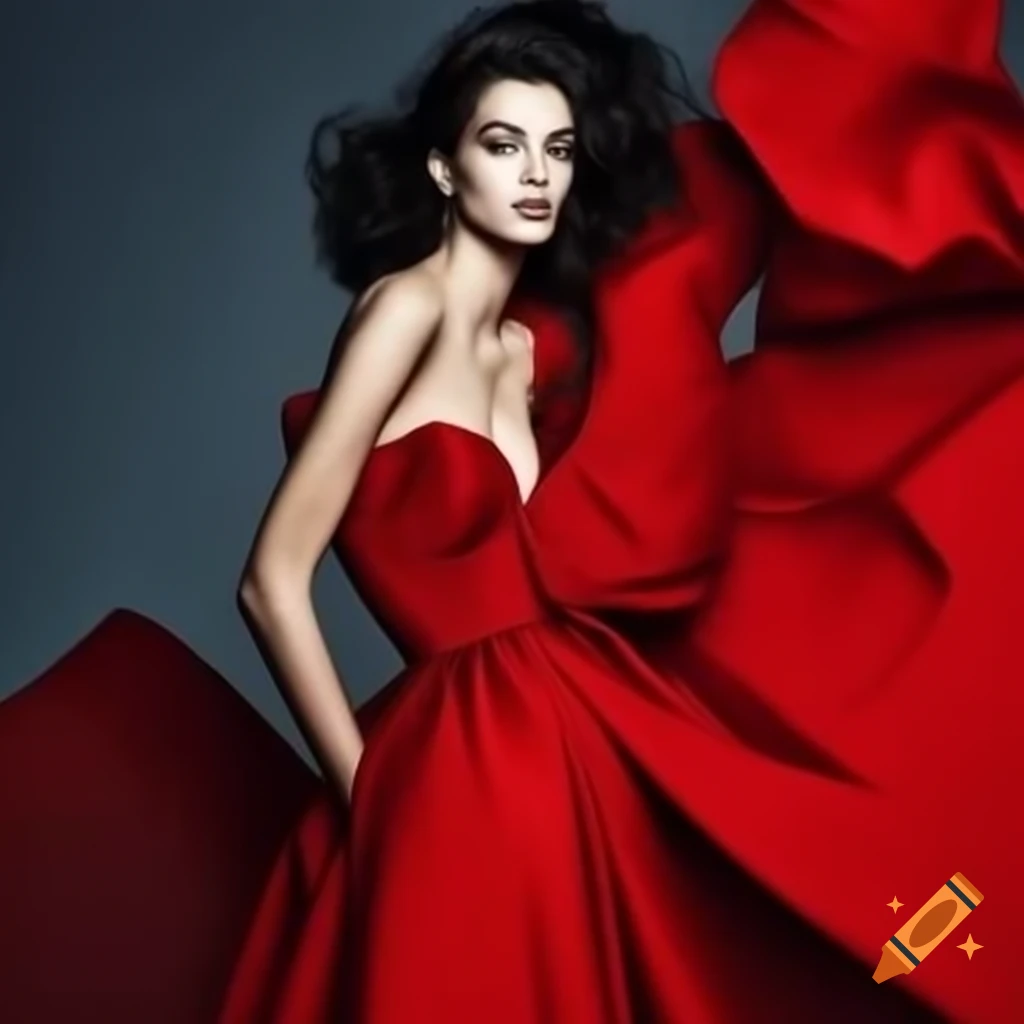 Supermodel in elegant red evening dress with high contrast lighting on ...