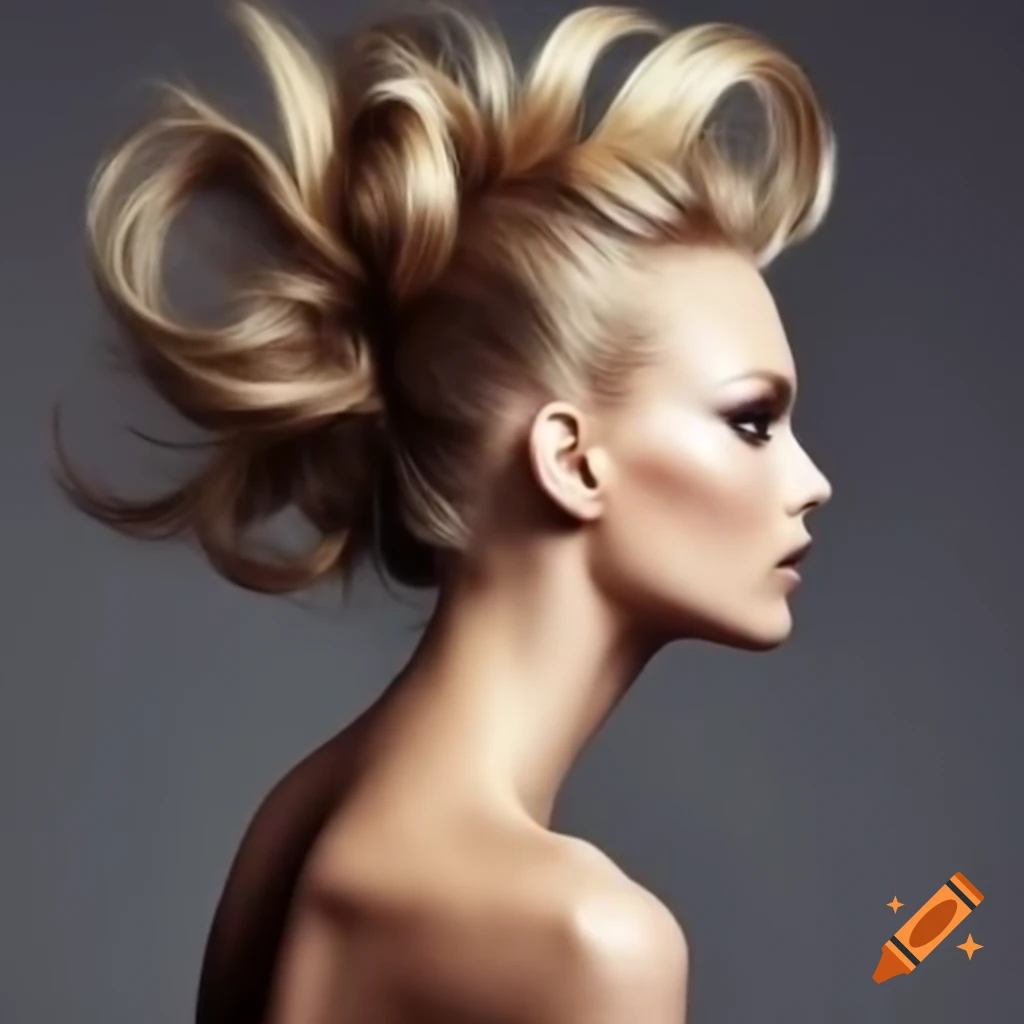 Blonde supermodel with elaborate hair updo and colorful magic ribbons ...