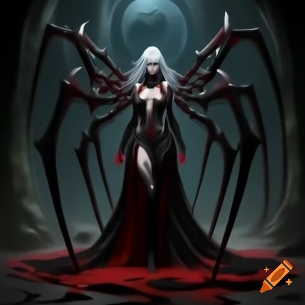 Humanoid female spider villain in dark fantasy world, anime style on ...
