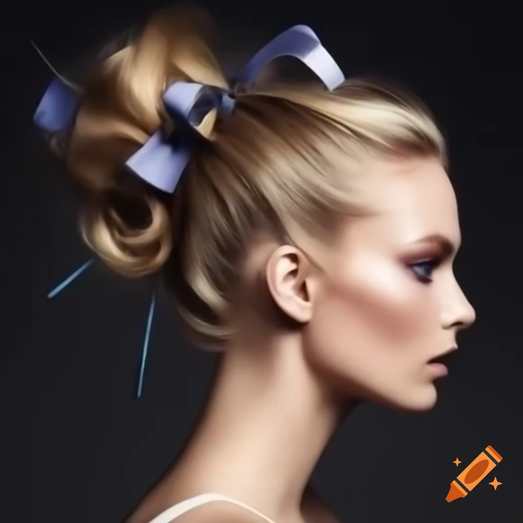 Blonde supermodel with elaborate hair updo and colorful magic ribbons ...