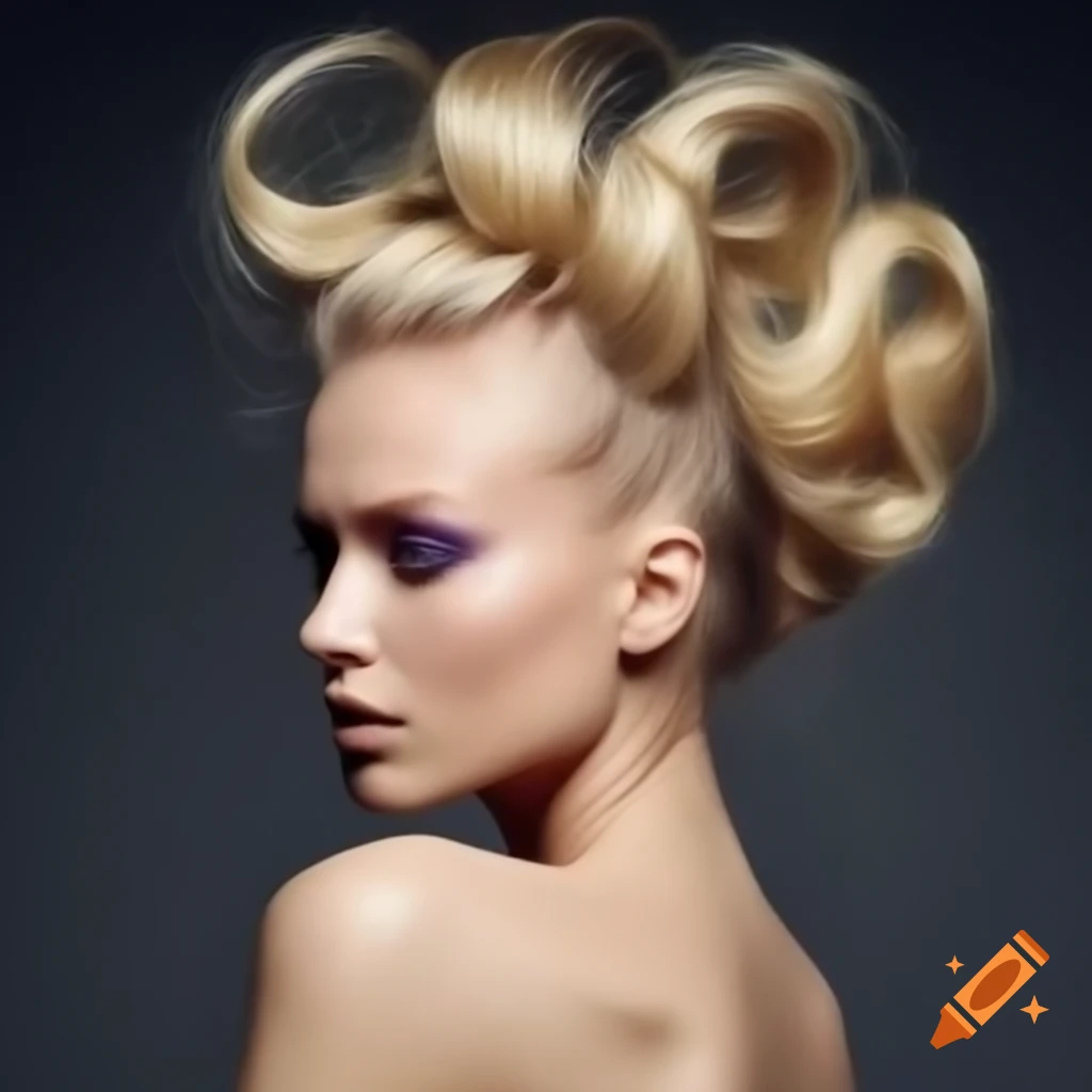 Blonde supermodel with elaborate hair updo and colorful magic ribbons ...