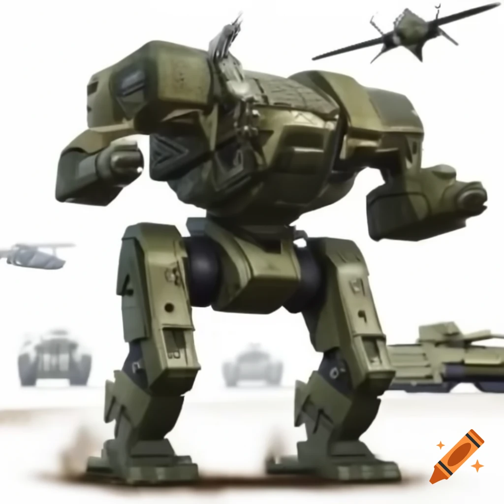 Bipedal armored battle mech with angular design and weapon pods on Craiyon