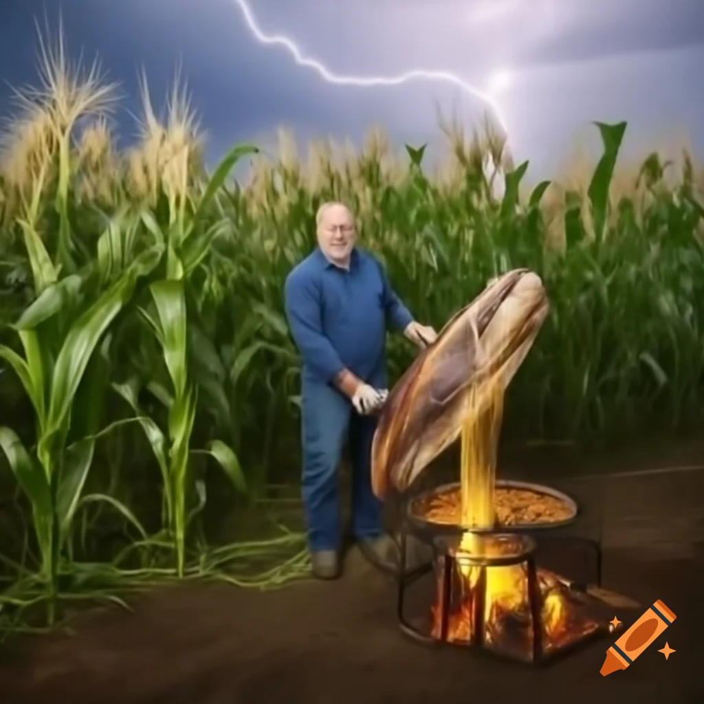 Thunderstorm and lightning over corn field with roasting corn ready to ...