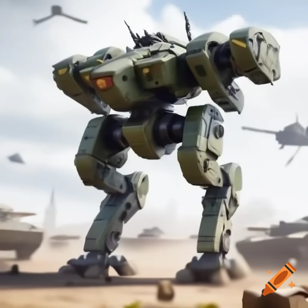 Bipedal battle mech with armor and weapon pods, inspired by military ...