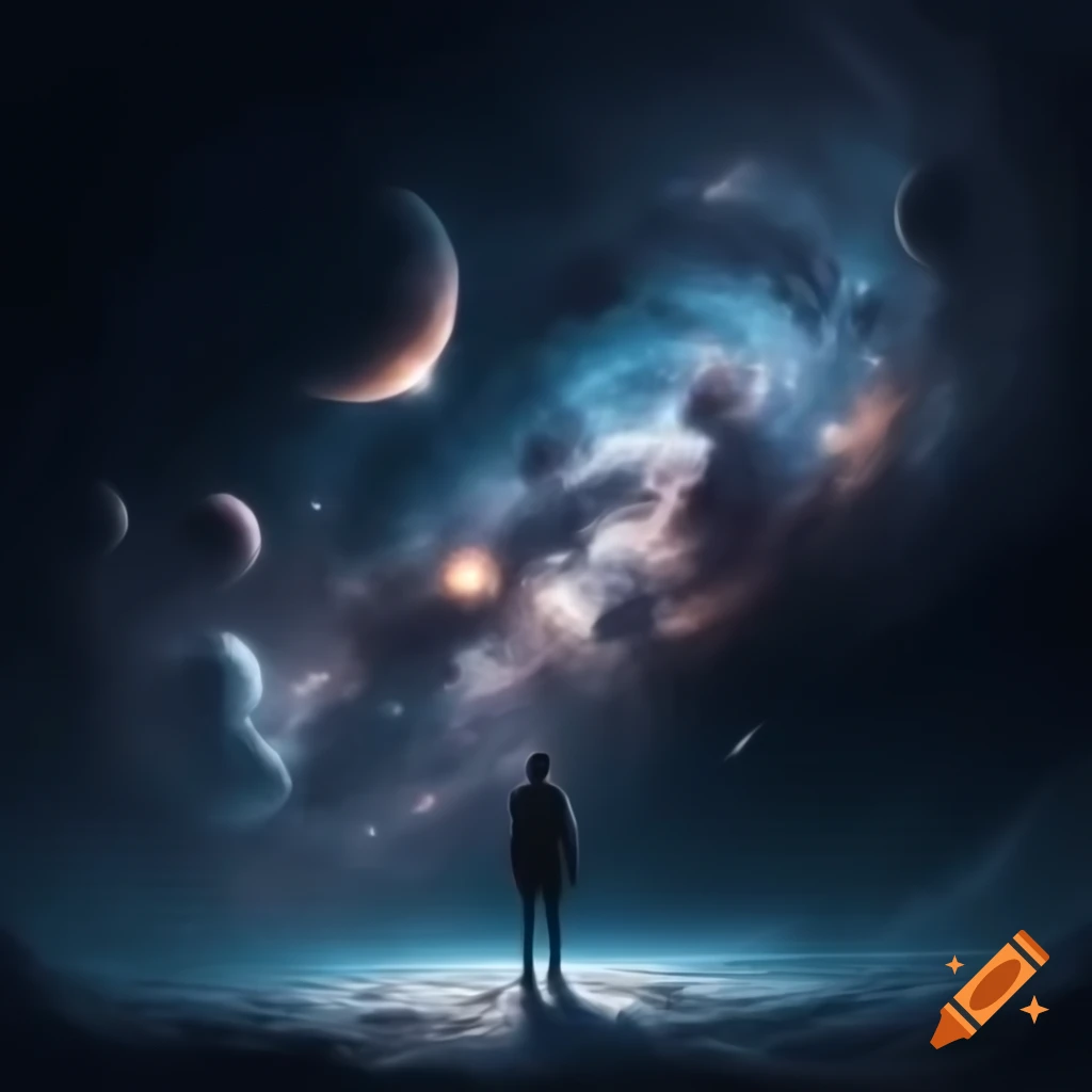 Person in cosmic void with stars and particles, vintage digital drawing ...