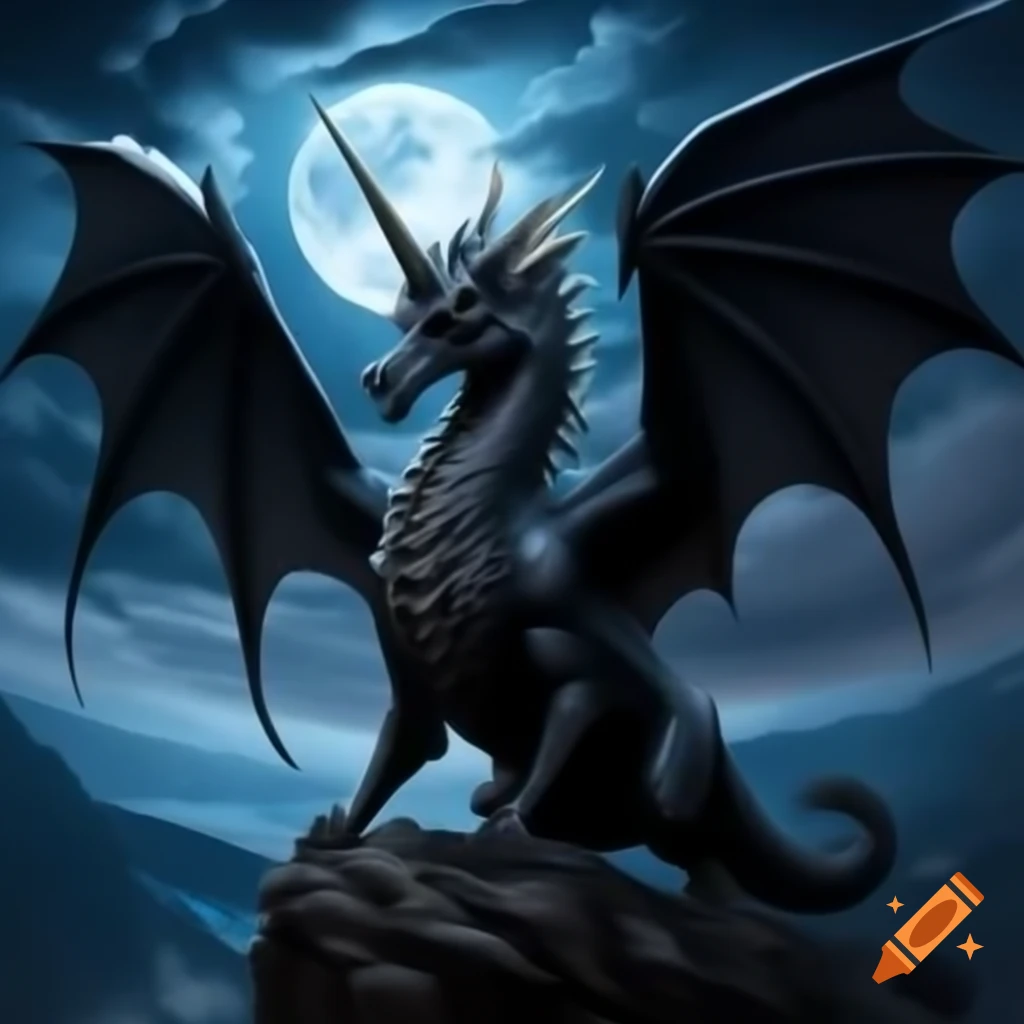 Black dragon unicorn hybrid surrounded by star magic on cliff under ...