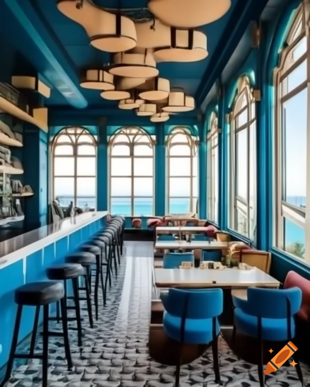Modern bar with blue and beige color scheme and ocean view on Craiyon