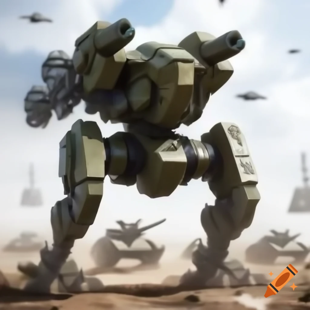 Heavily armored battle mech with angular design and weapon pods on Craiyon