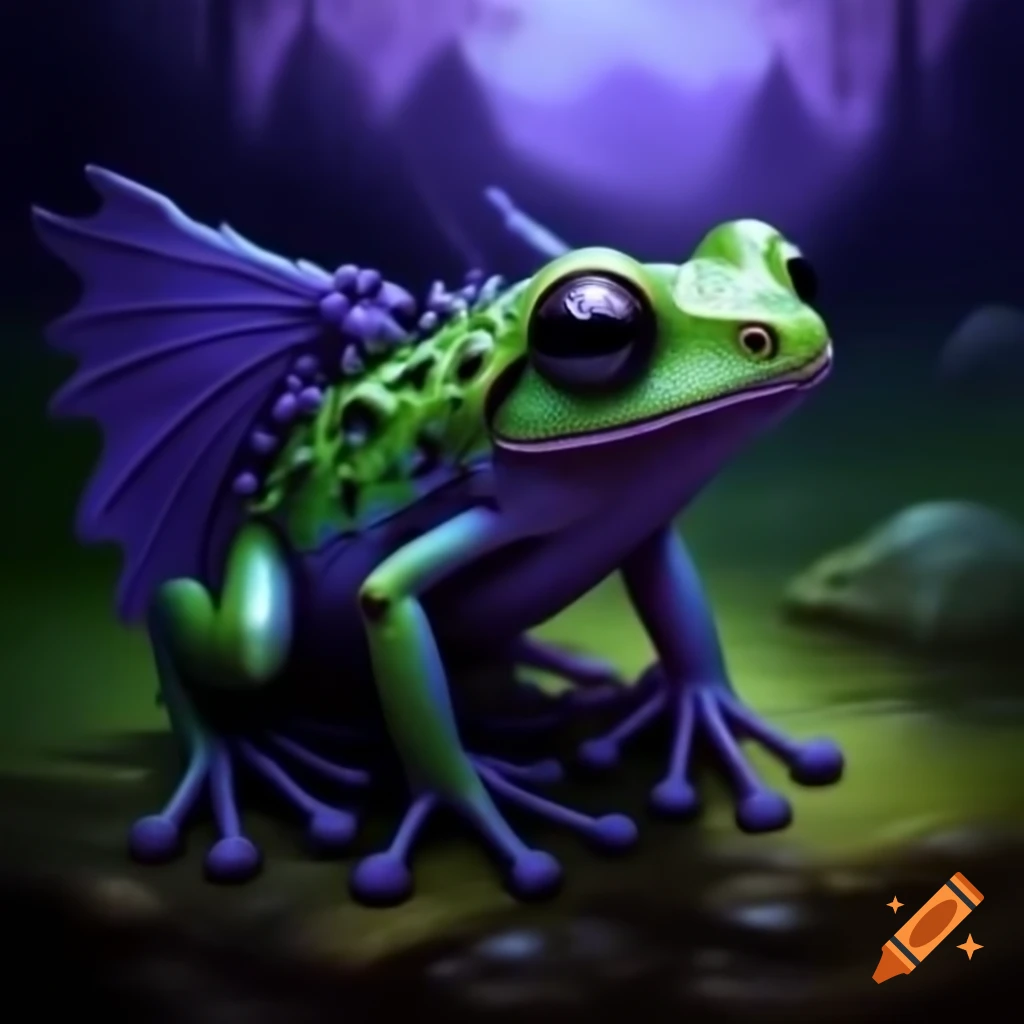 Black-winged tree frog in violet hues in shadowy forest landscape on ...