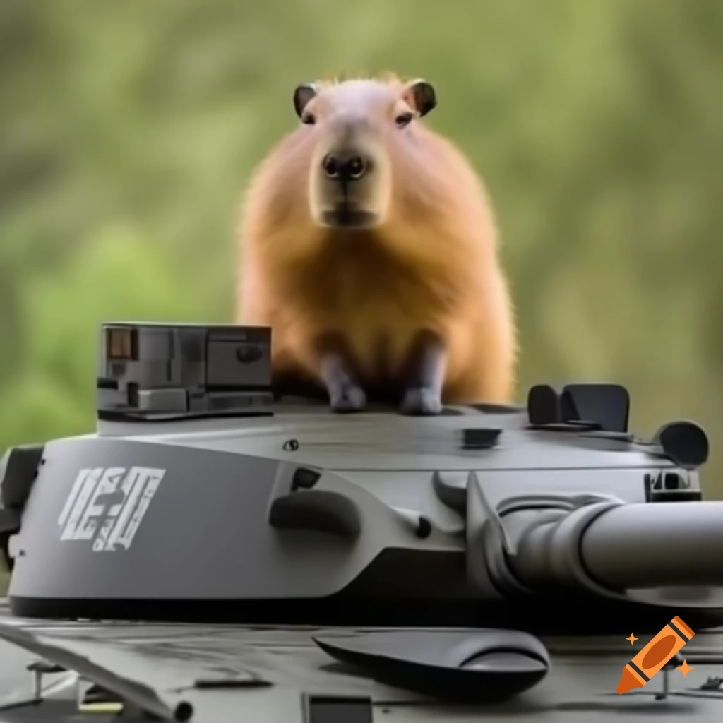 Capybara with AK-47 on top of tank, zoomed-out view on Craiyon