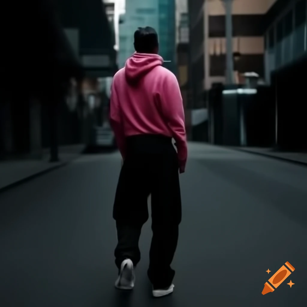 Person in baggy jeans and pink hoodie walking down dark urban street ...