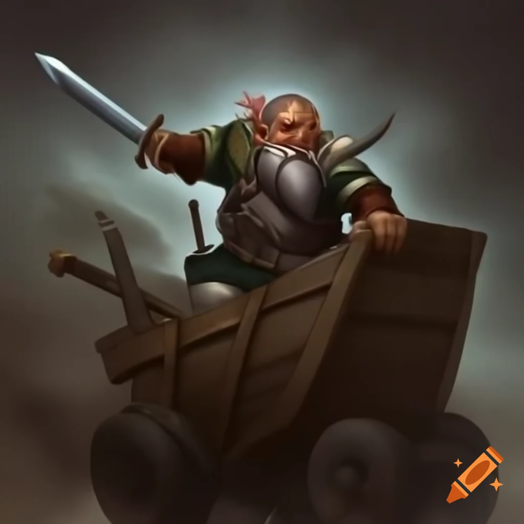 Angry dwarf with sword mid-air after crashing cart on Craiyon