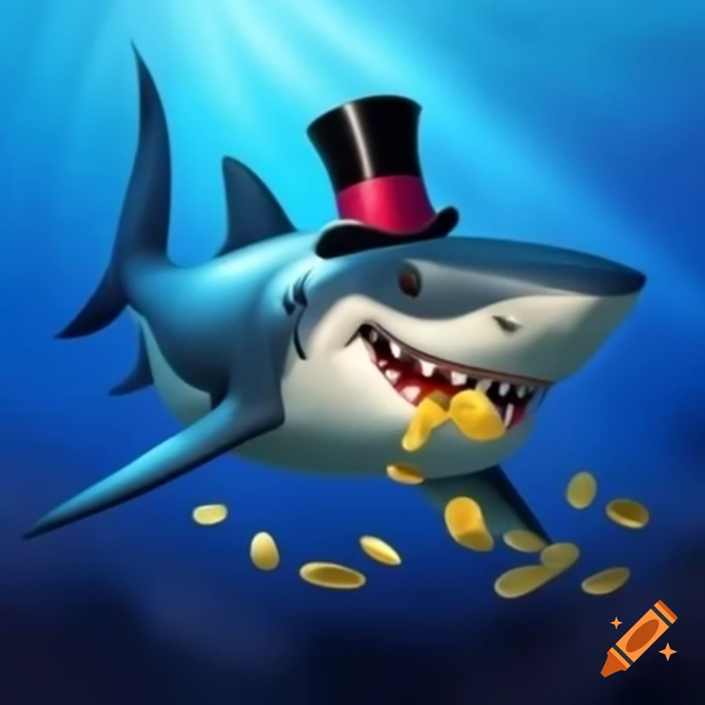 Cartoon shark in tuxedo and top hat counting gold coins underwater on ...