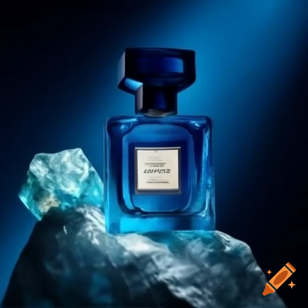 Fancy dark blue perfume bottle adorned with crystals on Craiyon