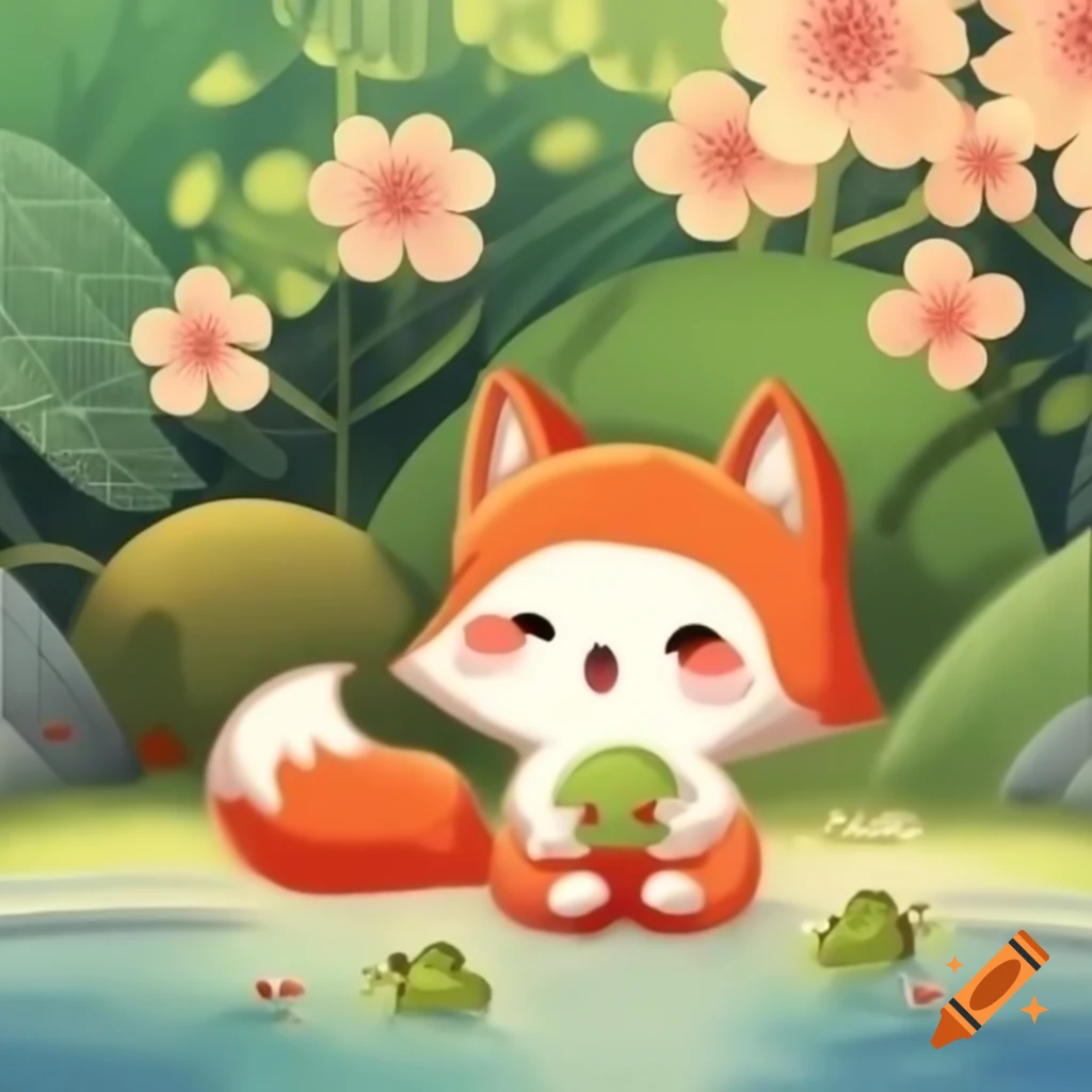 Cute fox surrounded by Japanese blossoms and frogs in a pool on Craiyon