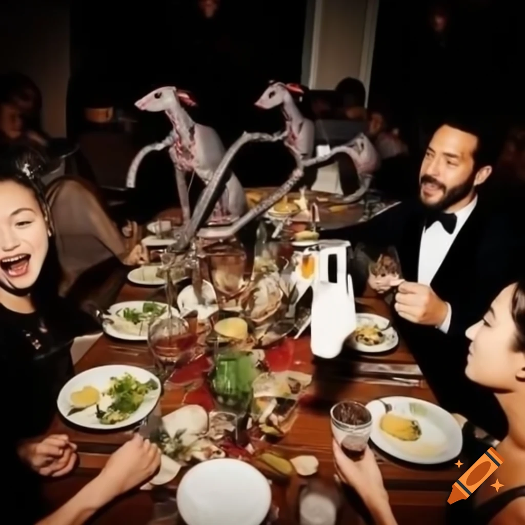 Whippets enjoying a humorous moment at a dinner party on Craiyon