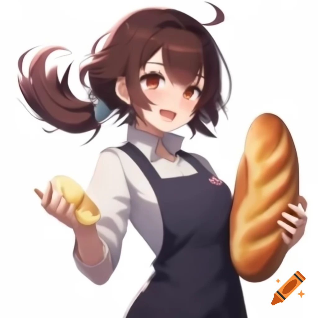 Brunette anime woman holding golden loaf of bread on Craiyon