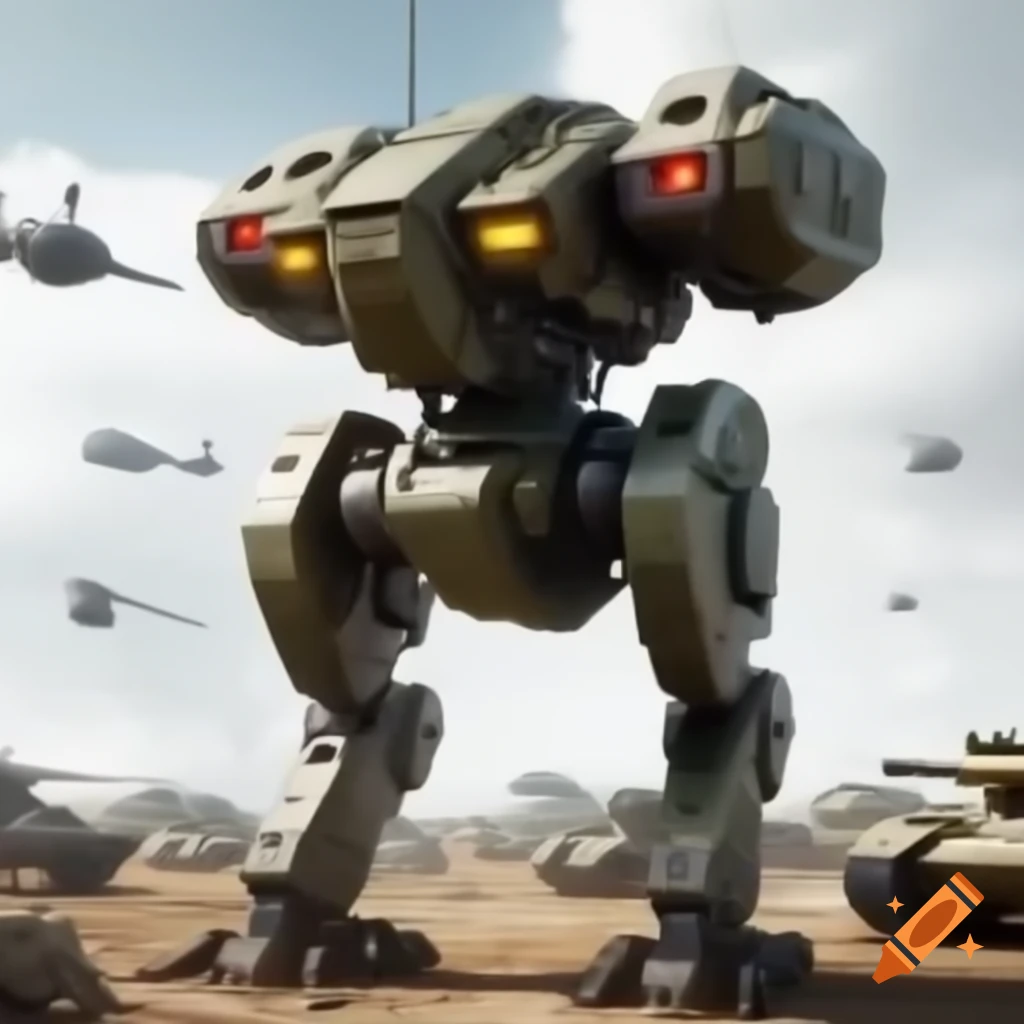 Bipedal battle mech with armor and weapon pods, inspired by military ...