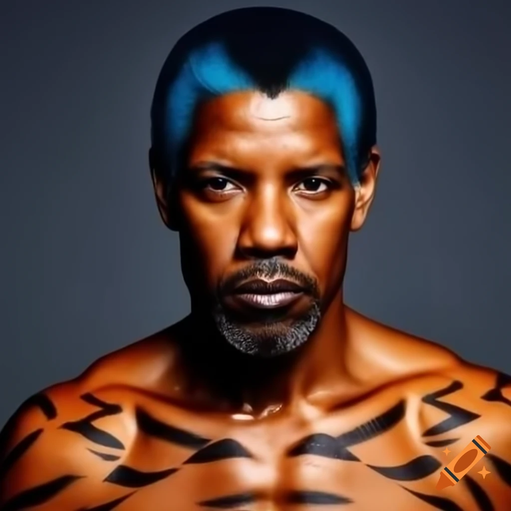 Muscular man with tiger makeup and blue hair, striking a powerful pose ...