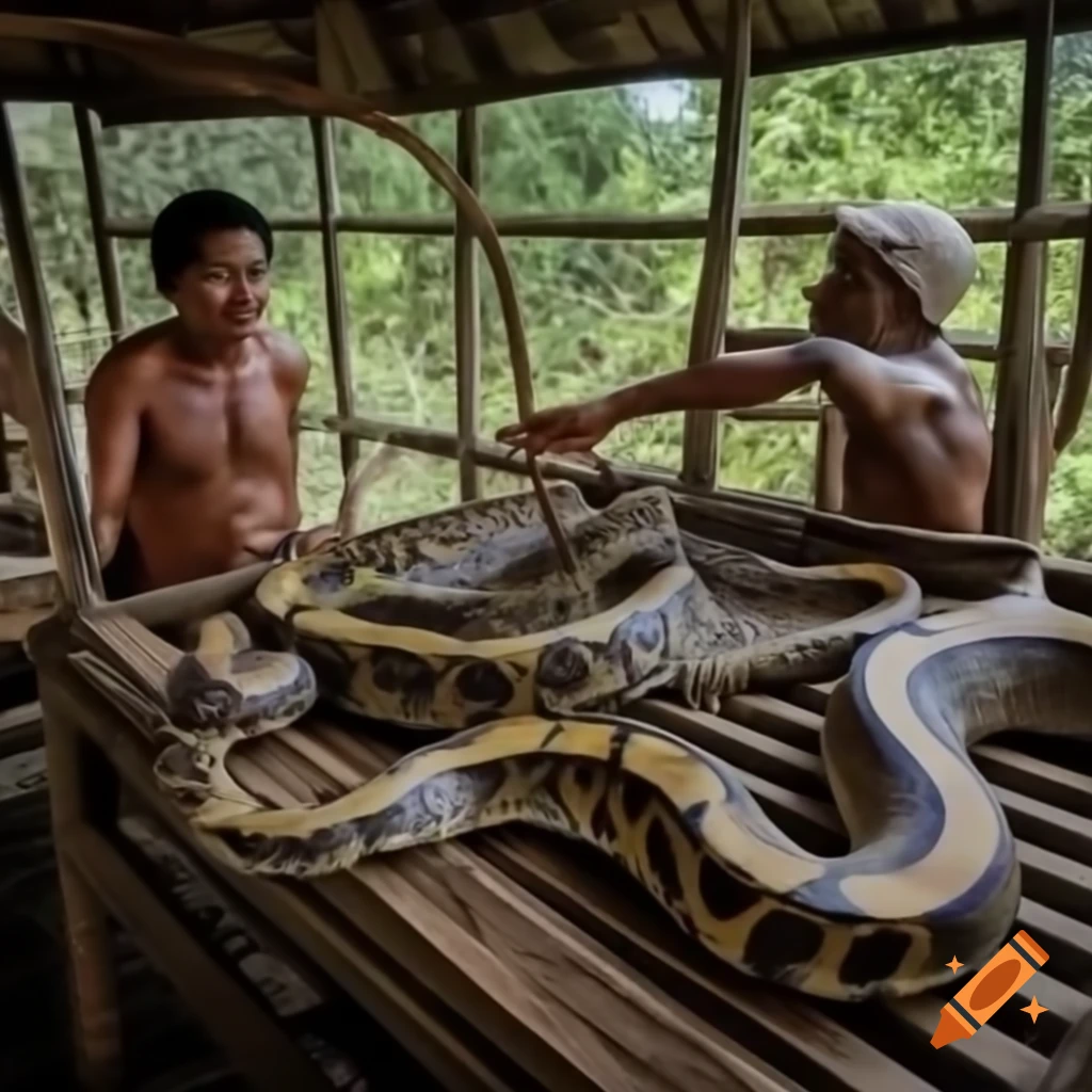 Python in cage being transported by old man in Tonga across river bed on Craiyon
