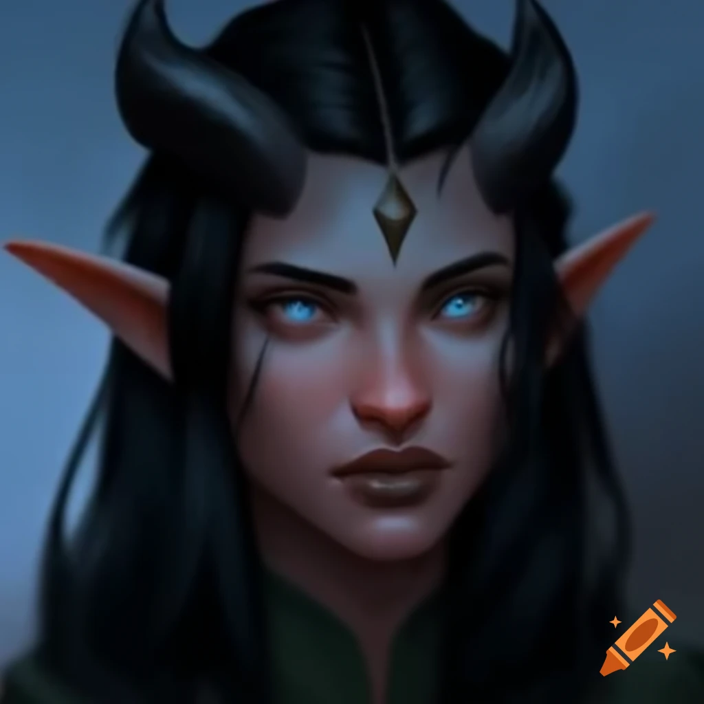 Asian elf woman with black hair and horns as a blind warrior on Craiyon